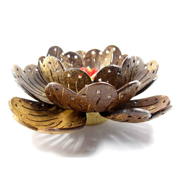 Coconut Shell Tealight Candle Holder, Large, Pudtan Flower - TropicaZona